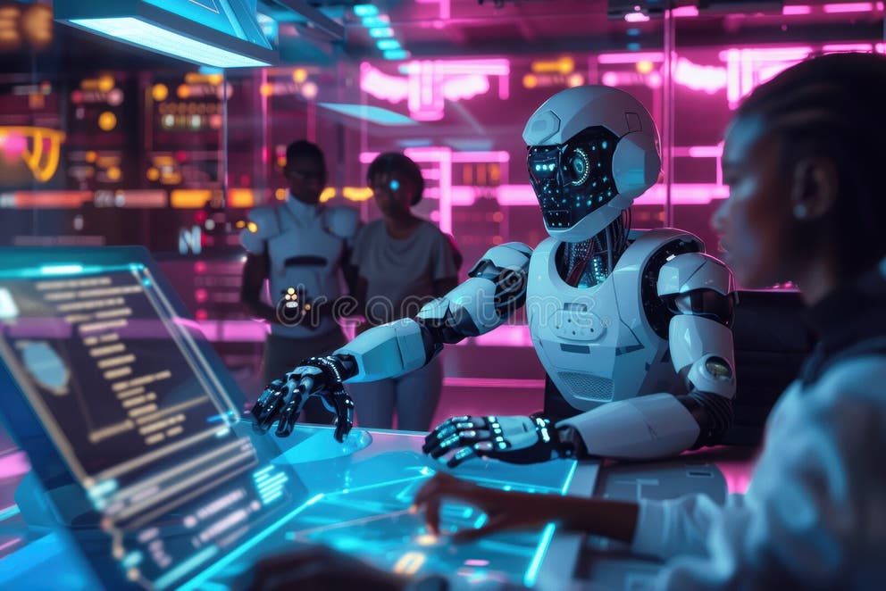 Diverse Team of Programmers Debugging AI Robot in High-Tech Workspace with Holographic Tools ...