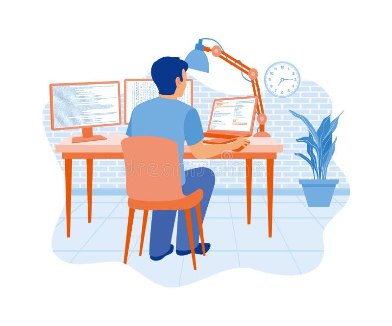 Programmers Work on Dual-screen Computers and Laptops. Develop Programming and Coding Technology ...