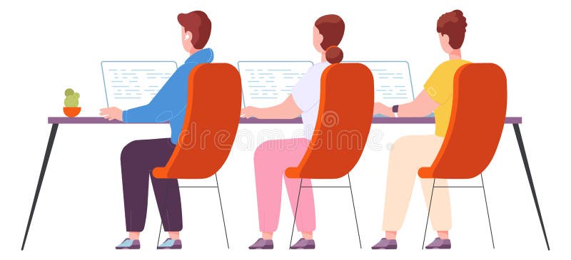 Programmers Working at Computer Desk Back View. Teamwork Workplace ...