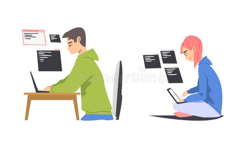 Programmers Working on Computers Set. Side View of Software Developers ...