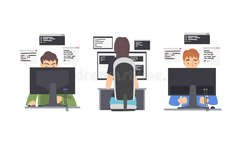 Programmers Working on Computers Set. Software Developers Writing ...