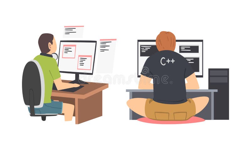 Programmers Working On Computers Set View From Behind Of Men Writing Computer Software Cartoon