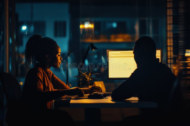 Programmers Working Late at Night in Dark Office Using Computer Stock ...