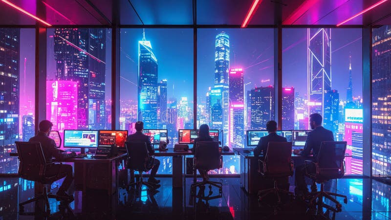 Programmers Working in Modern Office Overlooking Futuristic Skyline at ...