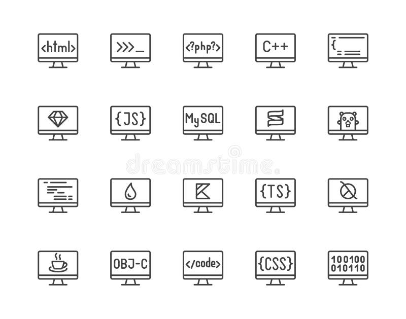 Programmiersprachen Flache Linie Symbole Gesetzt. Html Code Php Java ...