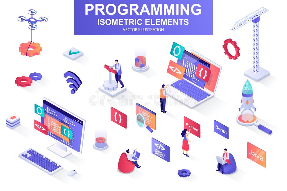 Programming Bundle of Isometric Elements. Developer Working, Program Languages, Software ...
