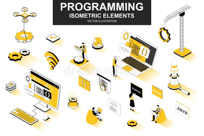 Programming Bundle of Isometric Elements. Developer Working, Program ...