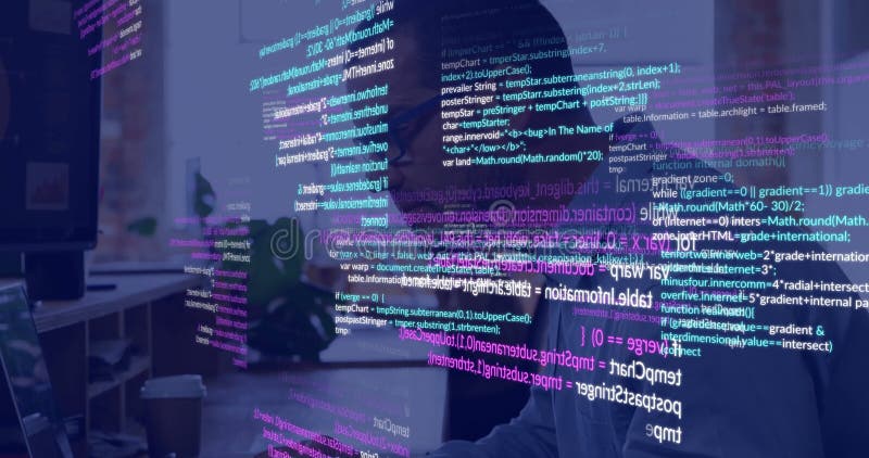Programming Code Animation Over Person Working on Computer in Office Stock Video - Video of ...