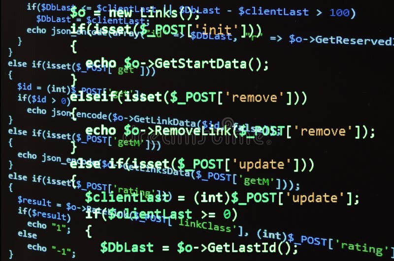 Programming Code on Black Screen, Green Text Stock Photo - Image of ...