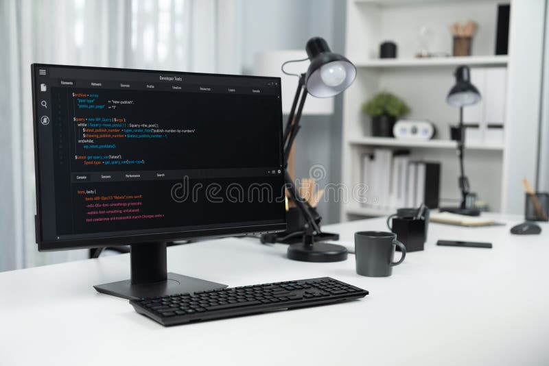 Programming Code on Computer Screen Desktop Placing on Working Desk. Infobahn. Stock Photo ...