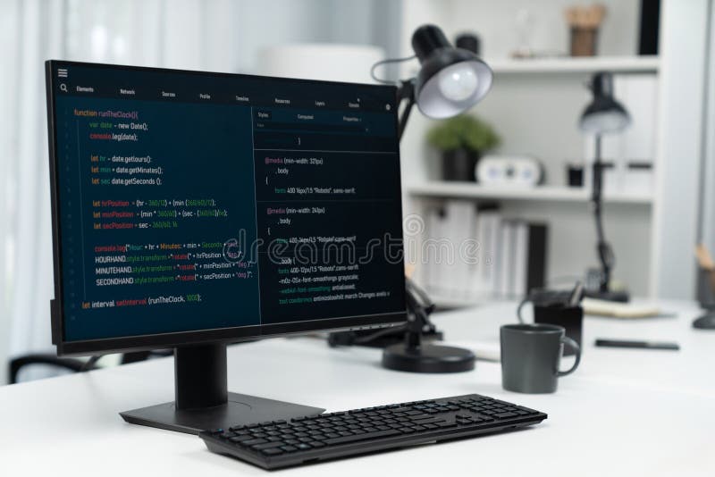 Programming Code on Computer Screen Desktop Placing on Working Desk ...