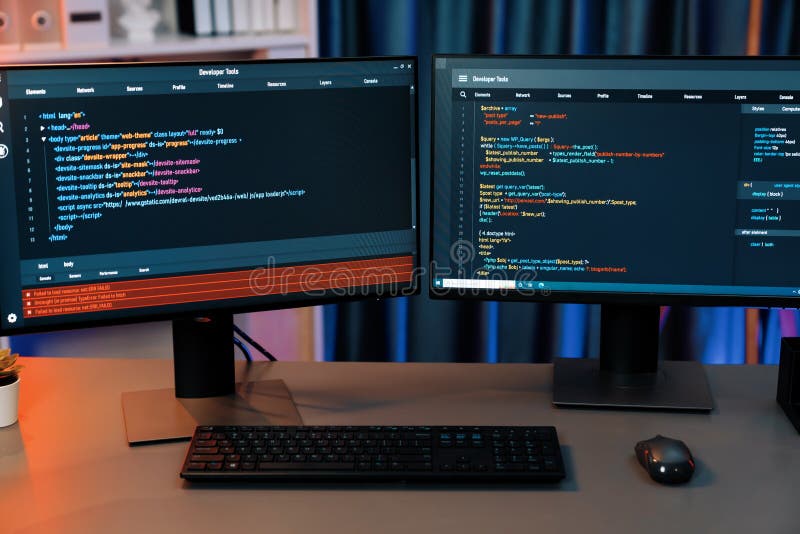 Programming Code on Computer Two Screen on Desktop at Neon Light Room. Infobahn. Stock Photo ...