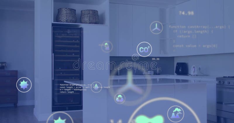 Programming Code And Data Visualization Animation Over Modern Kitchen