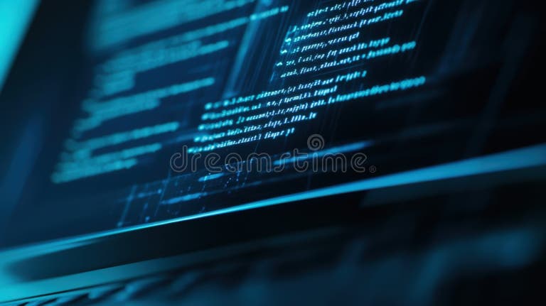Programming Code Displaying on Computer Screen in Dark Room Stock Photo - Image of technology ...