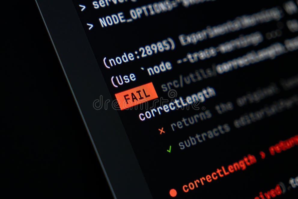 Programming Code Displaying a Prominent Red FAIL Message on a Dark Computer Screen, Illustrating ...