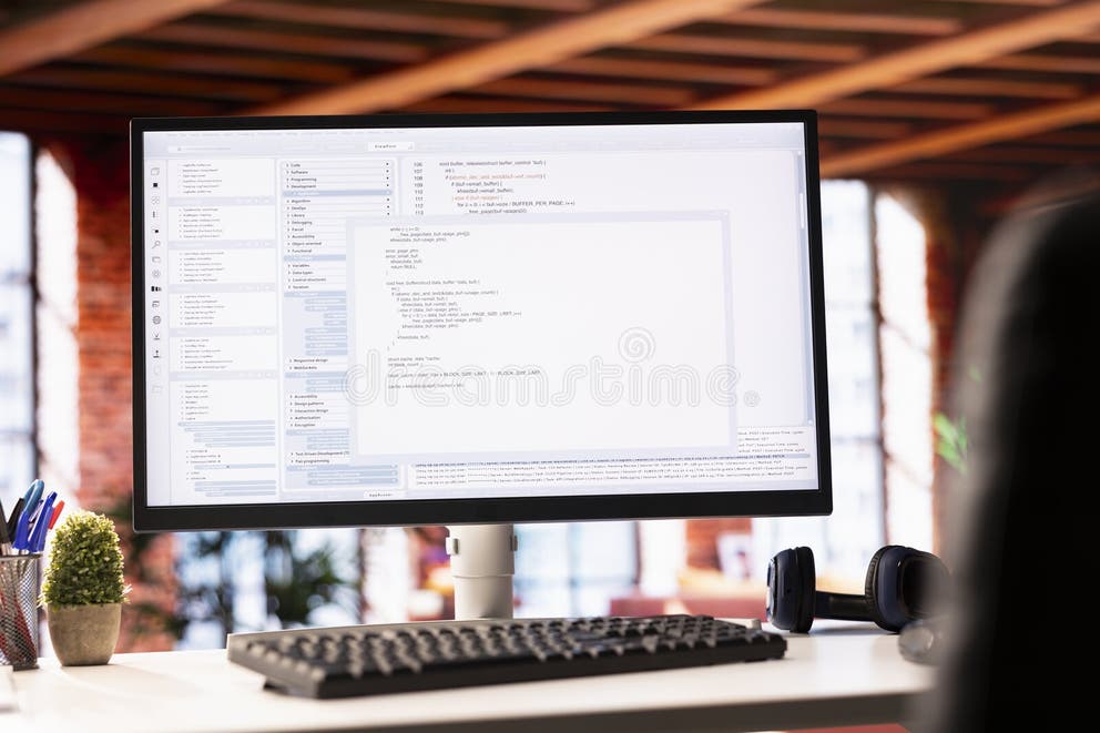 Programming Code Executing Software UI on Computer Monitor in Apartment Office Stock Photo ...