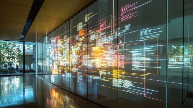 Programming Code Flowing on Futuristic Transparent Display in Modern ...