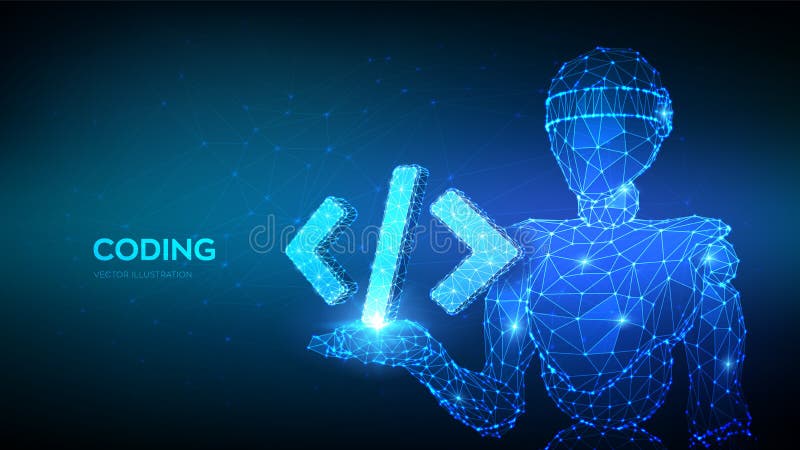 Programming Code Icon Abstract 3d Robot Holding Programming Code Symbol In Hand Coding Or