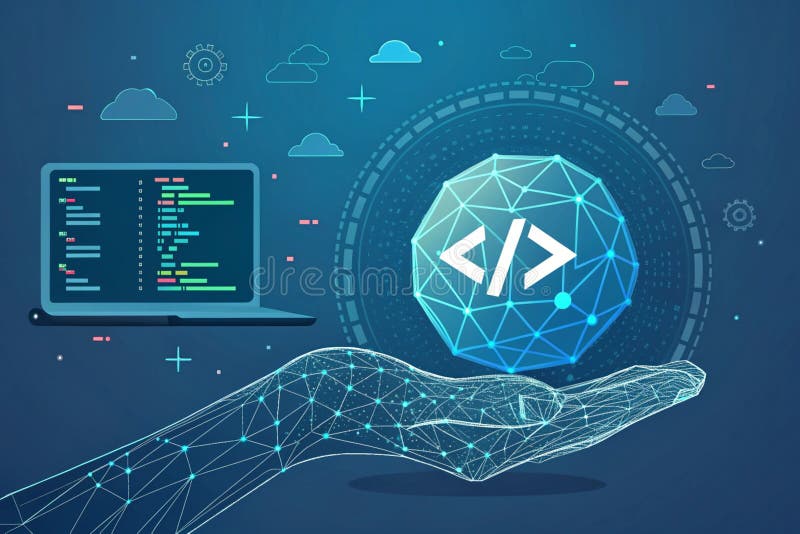 Programming Code Icon. 3D Low Polygonal Abstract Programming Code Symbol in Hand. Coding or ...