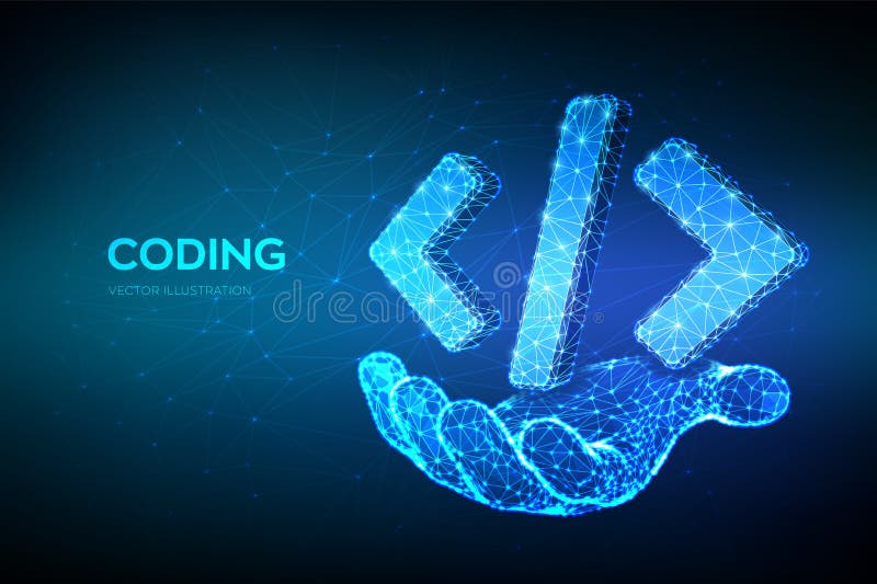 Programming Code Icon 3d Low Polygonal Abstract Programming Code Symbol In Hand Coding Or 8250