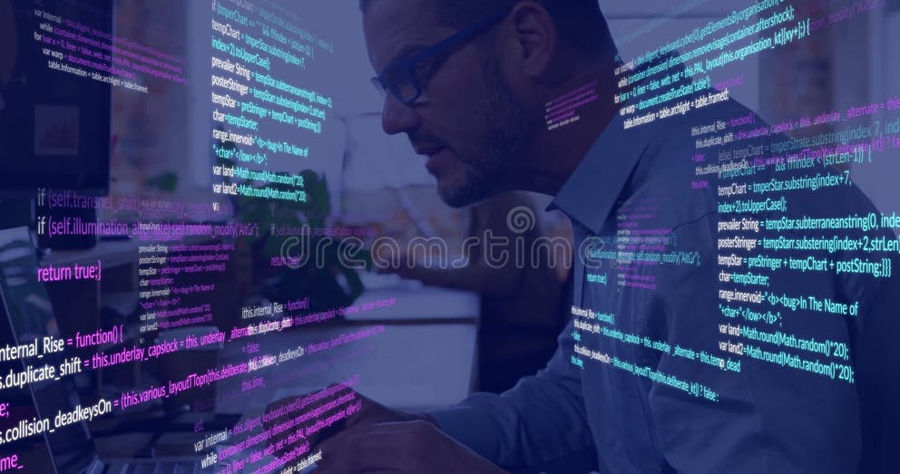 Programming Code Image Over Person Working on Computer in Office Stock ...