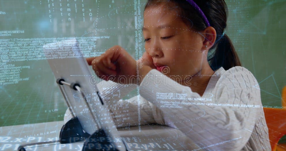 Programming Code Image Over Young Girl Using Tablet at Desk Stock Image ...