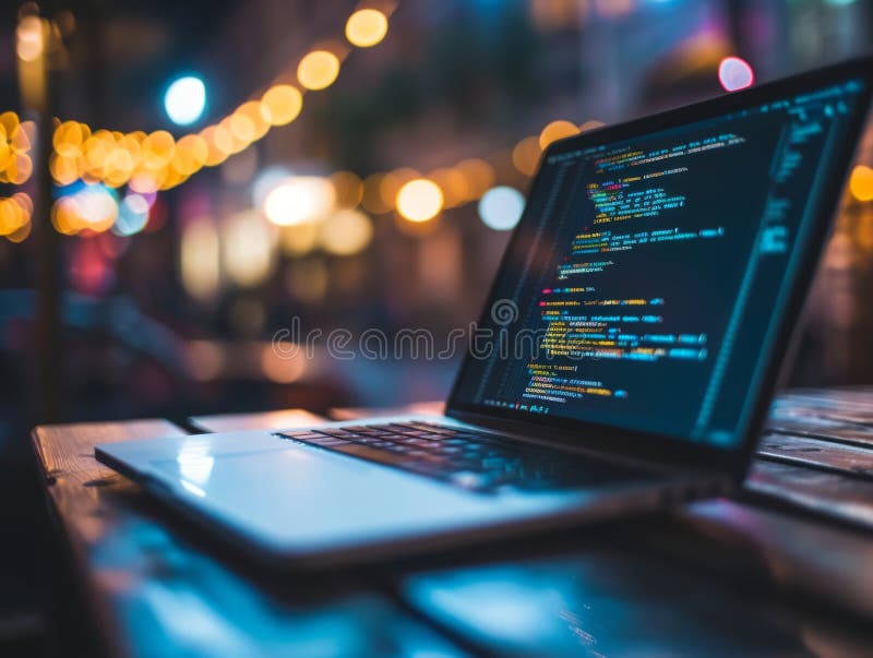 Programming Code on Laptop Computer Screen at Night in the City ...