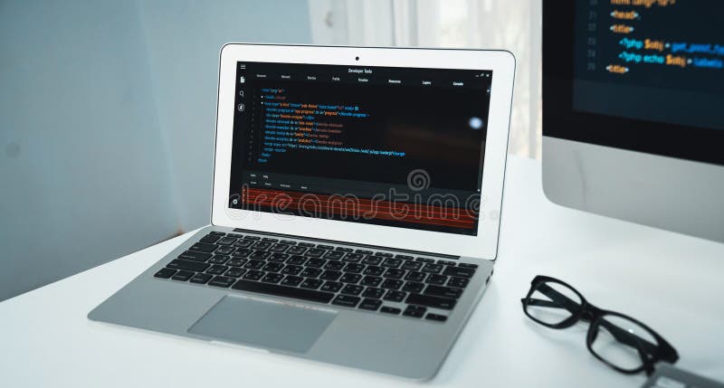 Programming Code on Laptop Monitor and beside Screen Pc Desktop. Tastemaker. Stock Photo - Image ...