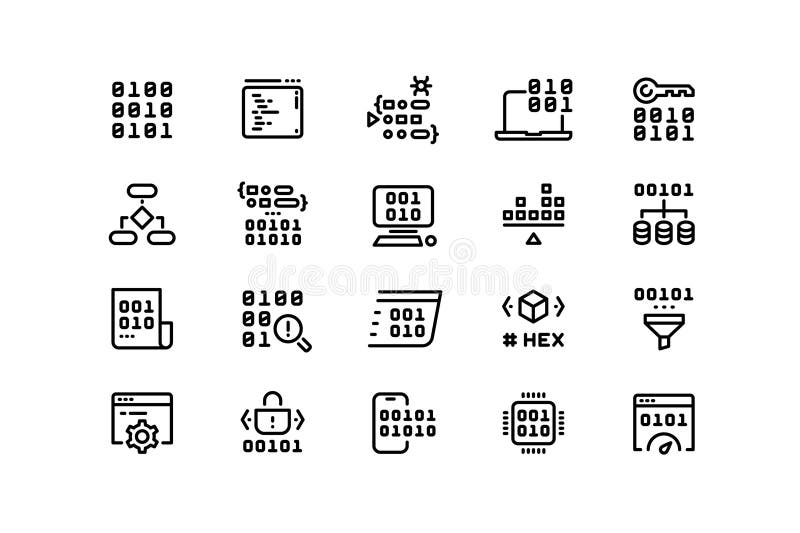 Programming Code Line Icons Binary Hex And Machine Code Compiling And Running Software And
