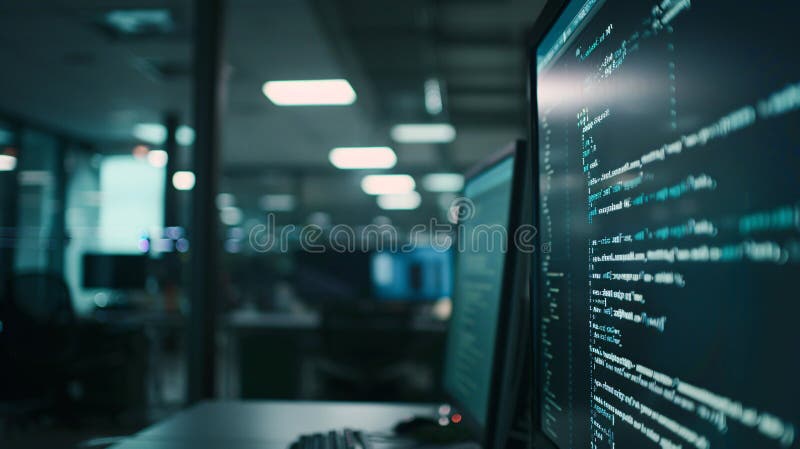 Programming Code on Screen in Contemporary Tech Office Workspace Stock Illustration ...