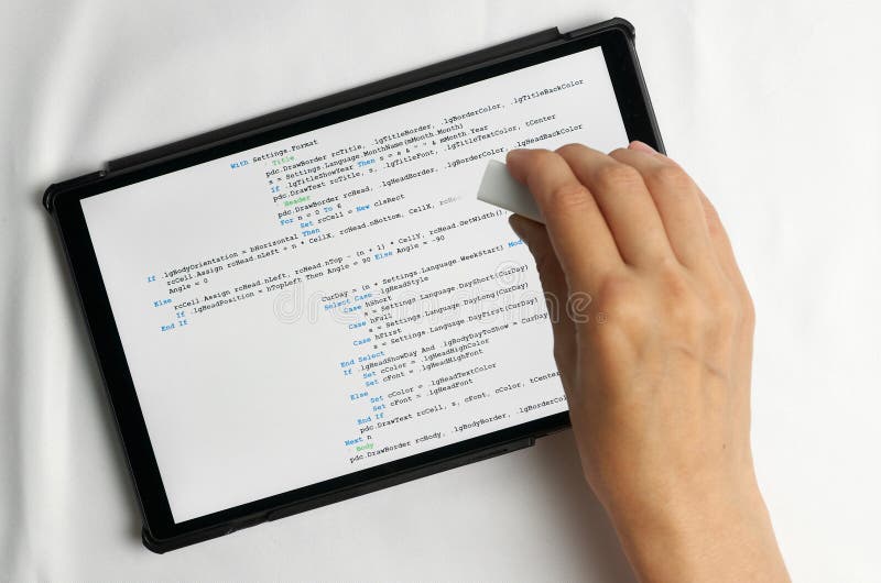Programming and Coding Concept. Program Code Creation: Hand with Eraser Erases Erroneous Part of ...