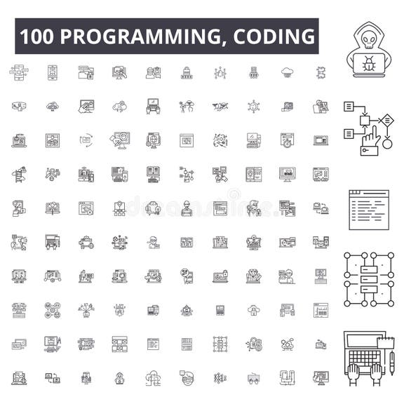 Programming, Coding Editable Line Icons, 100 Vector Set, Collection. Programming, Coding Black ...