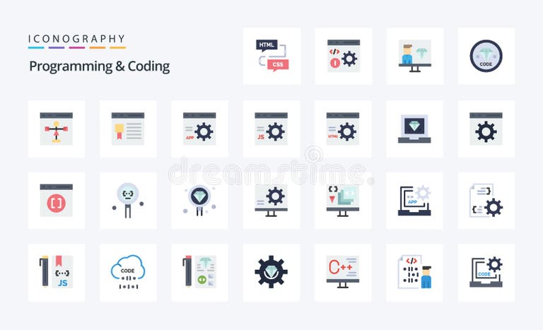 25 Programming and Coding Flat Color Icon Pack Stock Vector - Illustration of browser ...