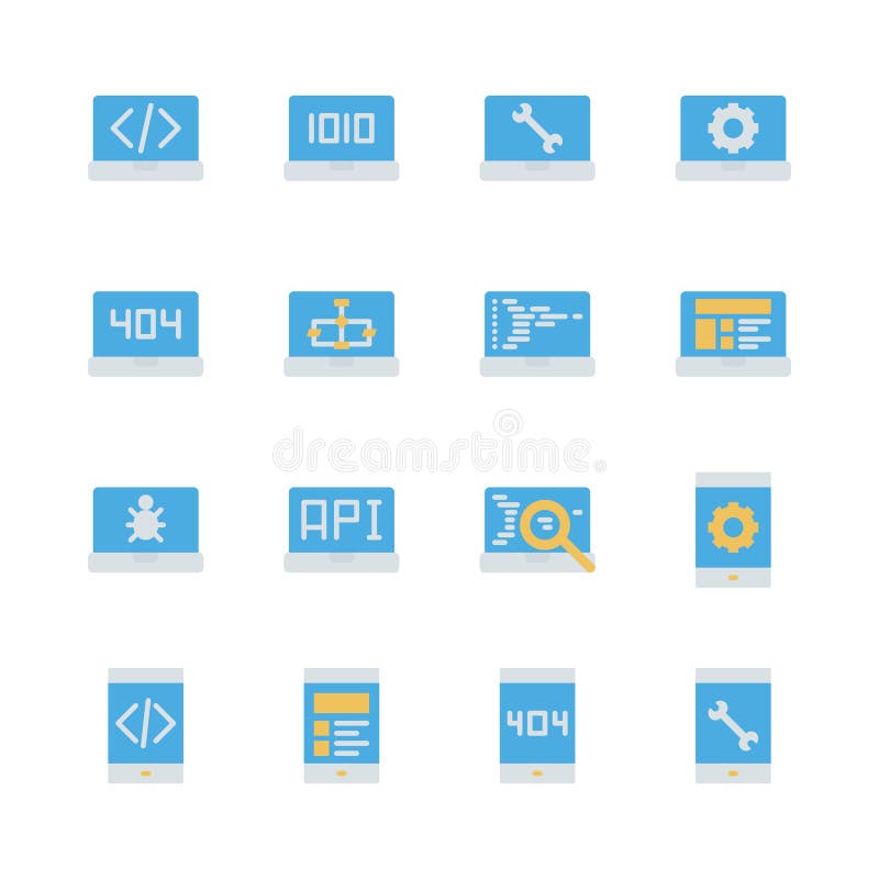 Programming and Coding in Flat Icon Set.Vector Illustration Stock Vector - Illustration of ...