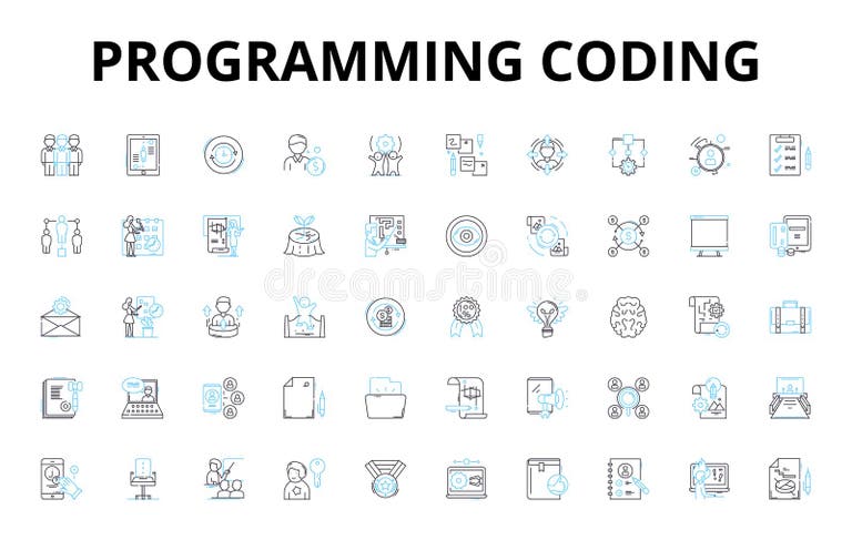 Programming Coding Linear Icons Set. Syntax, Algorithms, Debugging, Variables, Loops, Functions ...
