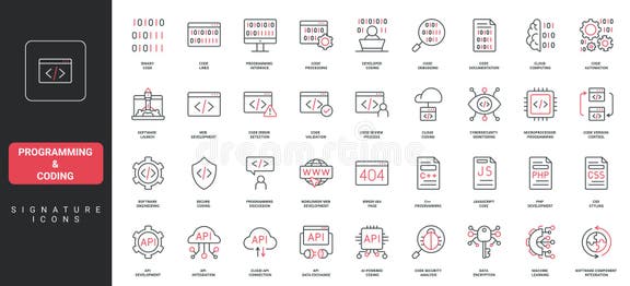 Programming and Coding, Program Code and Software, Application Development Line Icon Set Stock ...