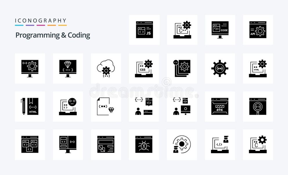 25 Programming and Coding Solid Glyph Icon Pack Stock Vector - Illustration of develop, error ...