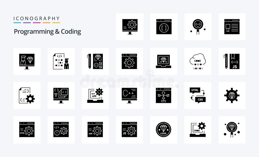 25 Programming and Coding Solid Glyph Icon Pack Stock Vector - Illustration of file, management ...