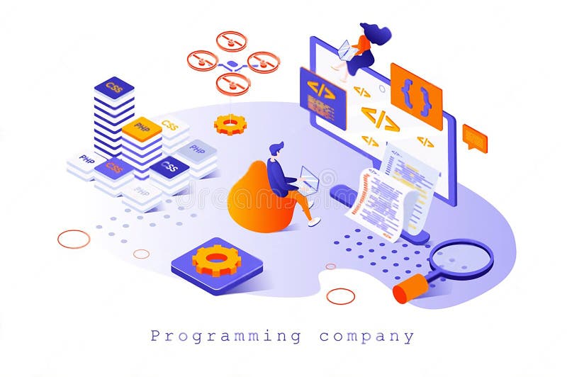 Programming Company Concept in 3D Isometric Design Stock Illustration - Illustration of ...