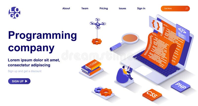 Programming Company Isometric Landing Page Stock Vector - Illustration of coding, isometric ...