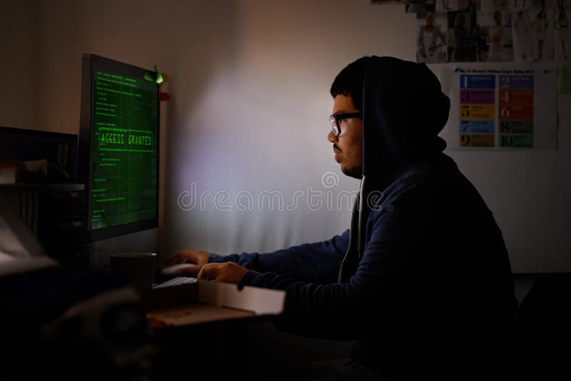 Programming, Computer and Man with Hacker, Night or Cyber Security with Online Database, Malware ...