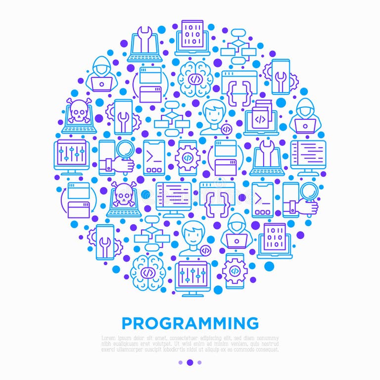 Programming Concept in Circle with Thin Line Icons: Developer, Code ...