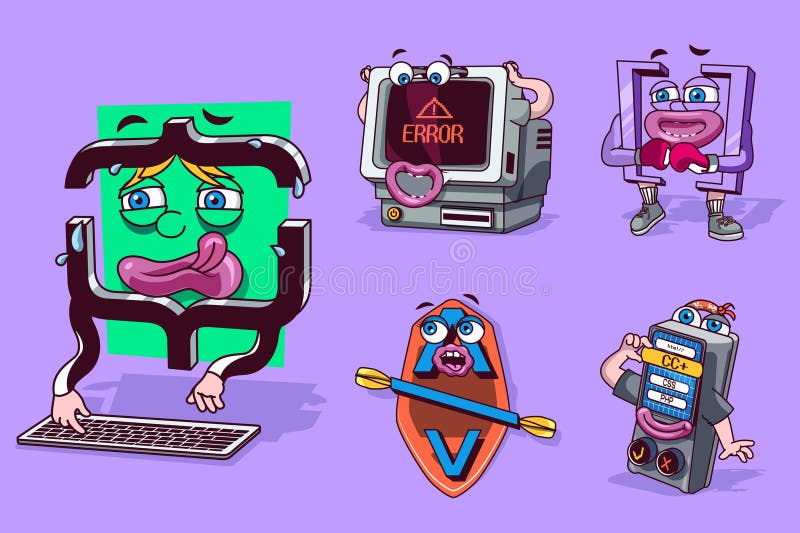 Programming Concept With 3d Cute Cartoon Characters Set Vector Illustration Stock Illustration