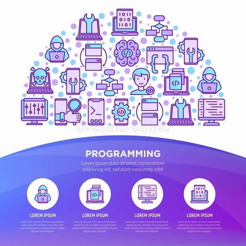 Programming Concept in Half Circle with Thin Line Icons: Developer, Code, Algorithm, Technical ...