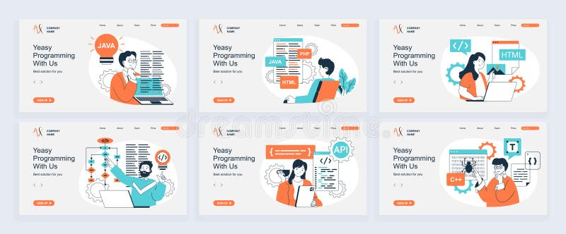 Programming Concept of Landing Page with Slide Templates Set in Flat ...