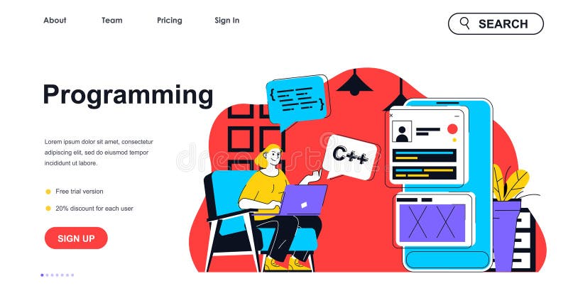 Programming Concept For Landing Page Template Woman Writing Code And