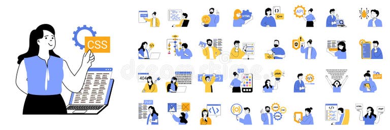 Programming Concept Mega Set with Character Scenes in Flat Design for Web. Bundle Situations ...