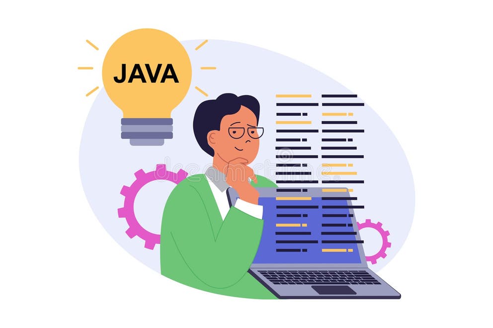 Programming Concept in Modern Flat Design for Web. Man Creating Code, Working with Java Computer ...