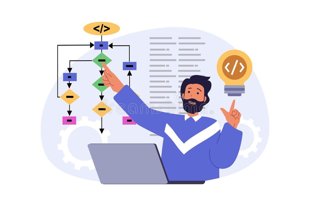 Programming Concept In Modern Flat Design For Web Man Creating Software Products Coding And