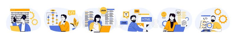 Programming Concept Set with Characters in Flat Design for Web. People ...